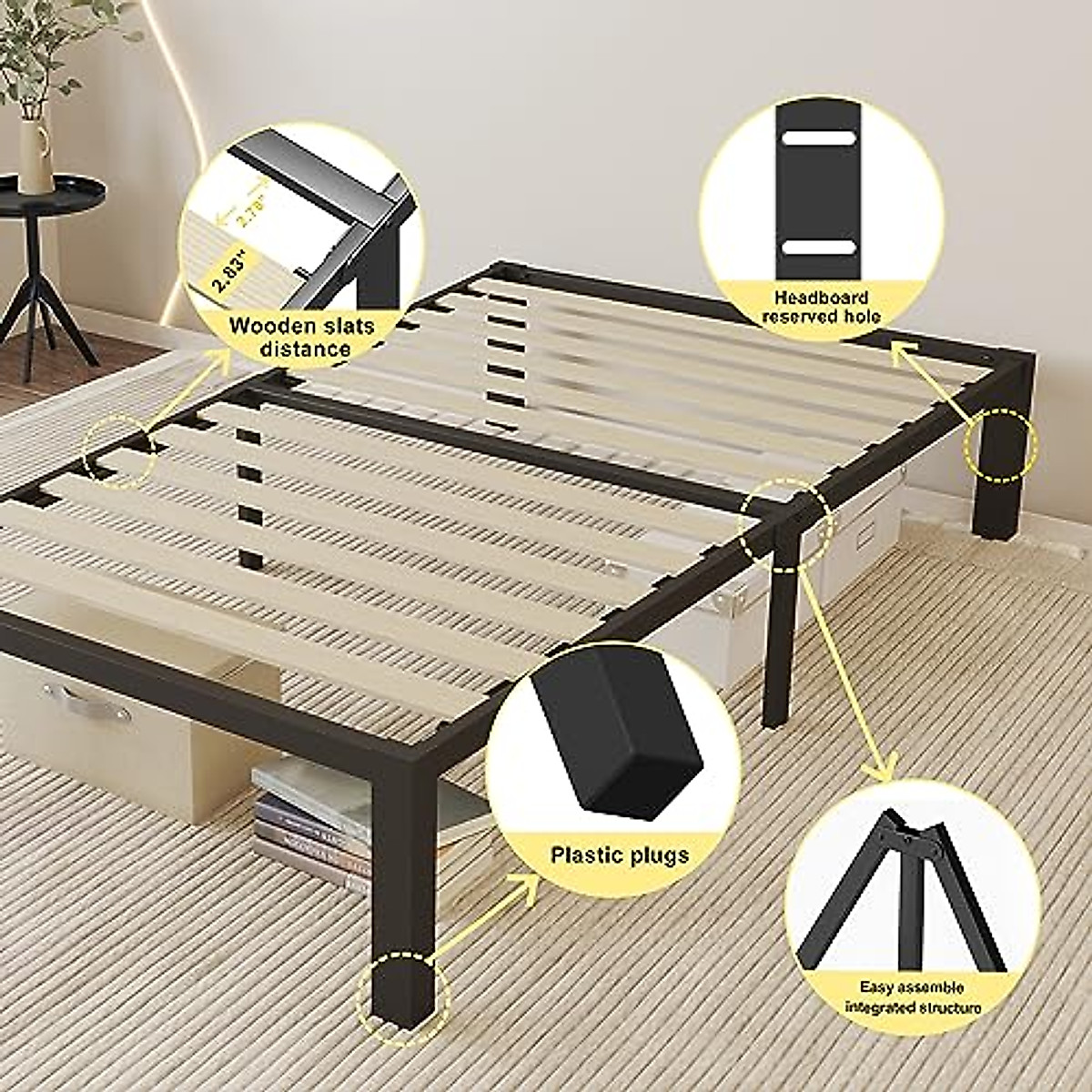 ROIL 14 inch Twin Size Bed Frames with Wide Wood Slats - 3500lbs Heavy Duty No Box Spring Needed Platform, Mattress Stoppers Single Metal Noise Free Bedframe with Headboard Hole Underneath Storage