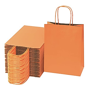 Nexmint Orange Gift Bag 8"x10.5": 24 Pack Bulk Medium Kraft Paper Bags with Handle. Great for Halloween, Birthday, Holiday Party, Autumn Festivities, Favors, Goodie, Candies, Shopping, Business, Retail