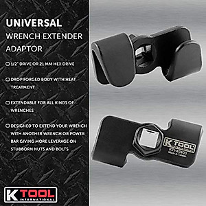 K Tool International 49403 Universal Automotive Wrench Extender Adaptor with 1/2 Inch or 21mm Hex Drive for Garages, Repair Shops, and DIY, Drop Forged Body with Heat Treatment, Extendable, Black