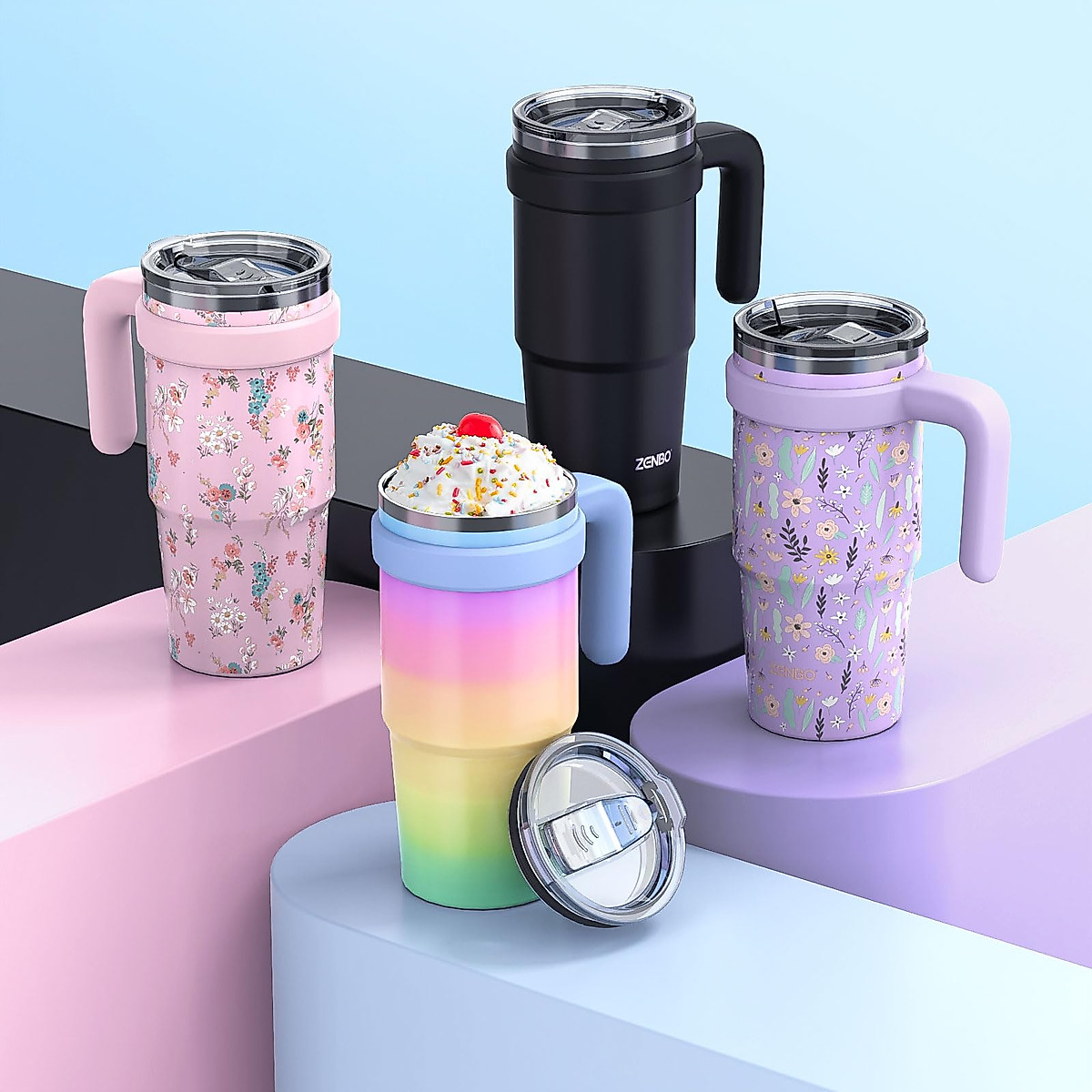 Zenbo 24 oz Insulated Cup with Handle,Silicone Boot,Leak-Proof Lid, Double Wall Vacuum Tumbler-Ideal For Cold/Hot Drinks,Travel Coffee Mug