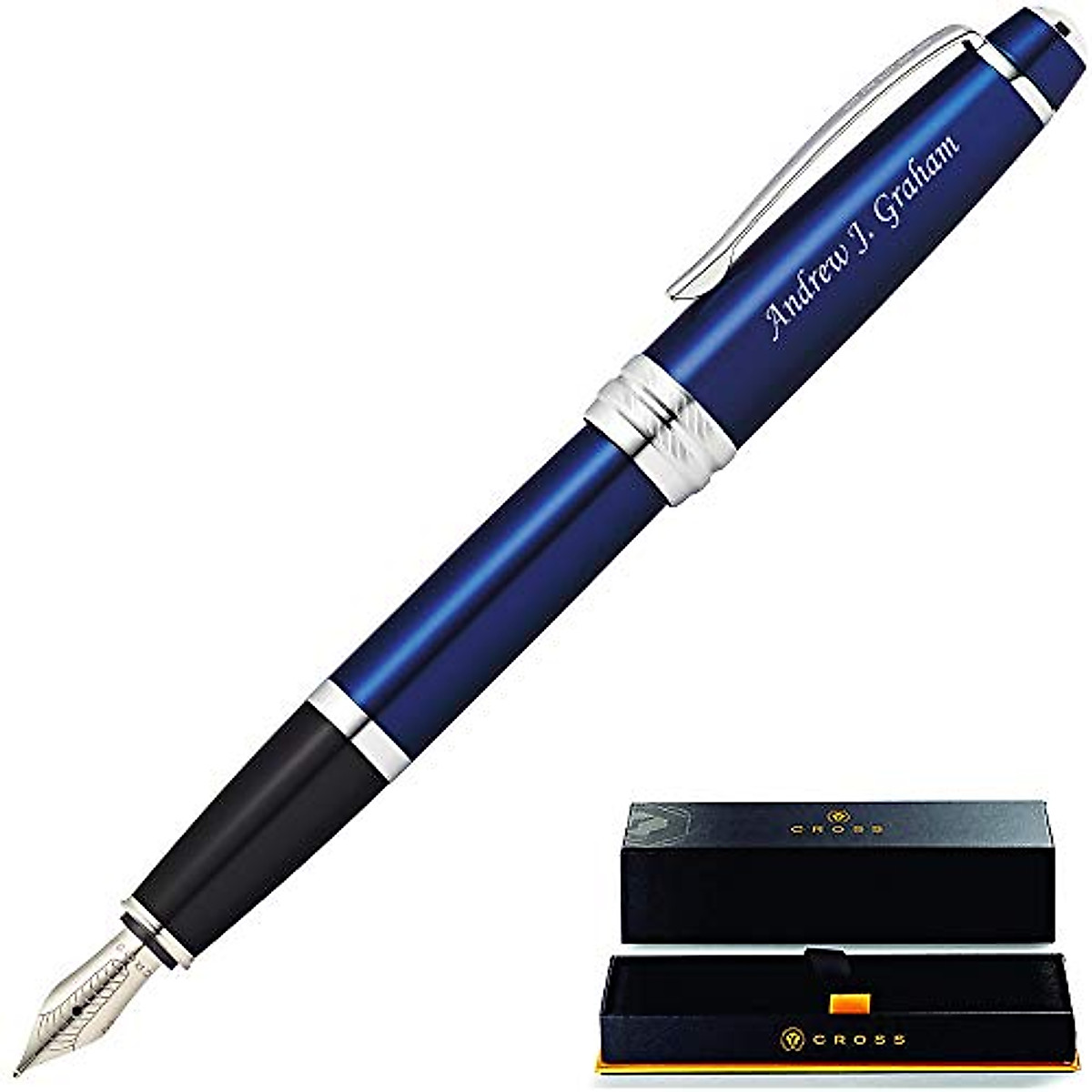 Cross Pen | Engraved/Personalized Cross Bailey Blue Lacquer Fountain Gift Pen - Chrome Trim AT0456-12MS. Custom Engraving Included.
