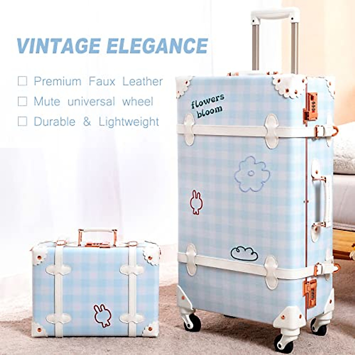 urecity Cute Suitcase Set for Teen Girls Kawaii, Lightweight and Durable Aesthetic Luggage Set 2 Piece, Tote Case Included (Blue Plaid, 26"+12")