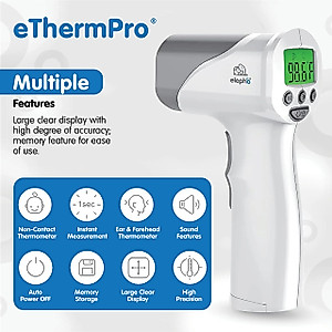 Elepho eTherm Pro Medical Quality Non-Contact IR Forehead Thermometer for Family or Office Use. Instant Body, Object, or Liquid Readings. Large LCD Display. 32 Memory Readings