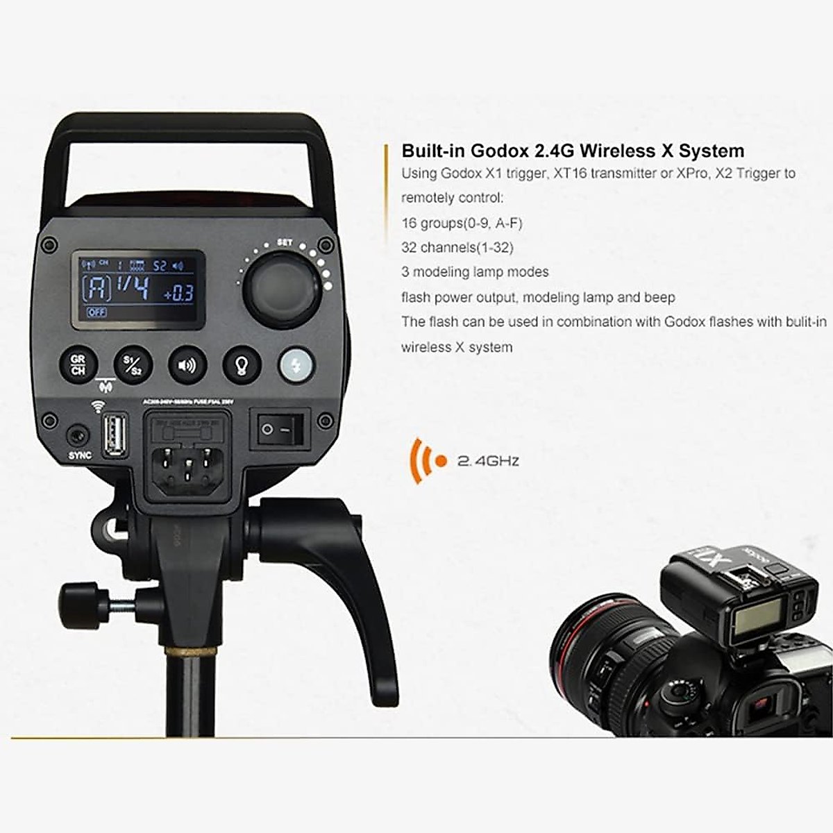 Godox MS300 300W 2.4G Built-in Wireless Receiver Lightweight, Compact and Durable Studio Flash Bowens Mount and 150W Modelling Lamp with Standard Reflective