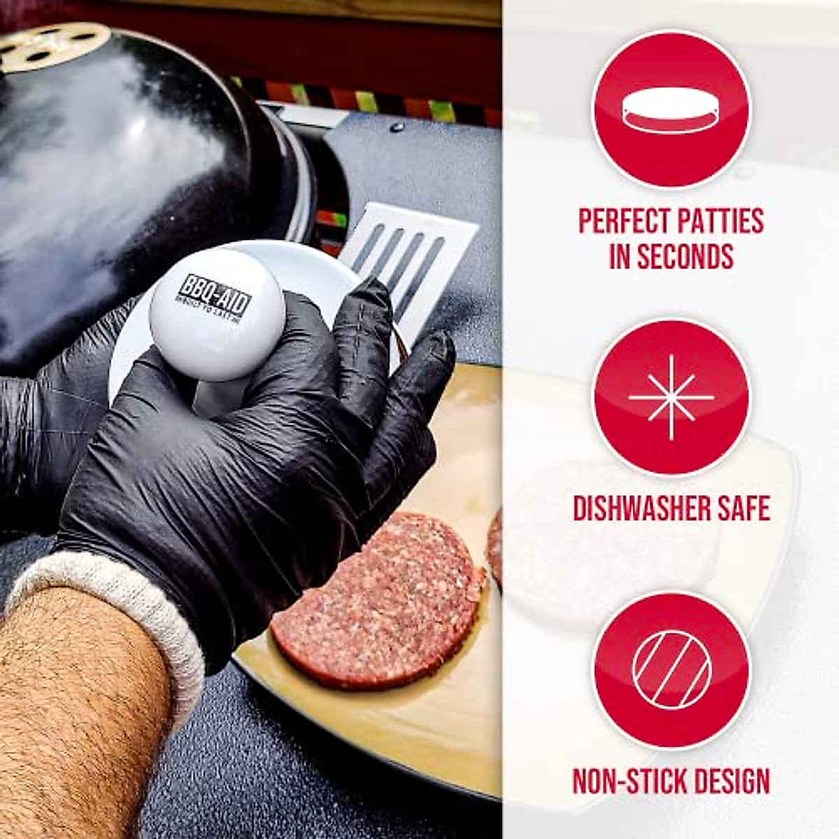 BBQ-Aid Porcelain Burger Press 5"- Round Burger Smasher for Grilling Evenly, Stuffed Burgers- Hamburger Press Patty Maker Perfect for Flat Top Griddle Grill Cooking, Stainless Steel Burger Press