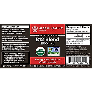 Global Healing Center Vegansafe B12, 2500 mcg Organic Sublingual Liquid Vitamin B12 Drops | 2-in-1 Methylcobalamin & Adenosylcobalamin Blend for Energy, Mood, and Heart Health, 30-Day Supply (1 Fl Oz)