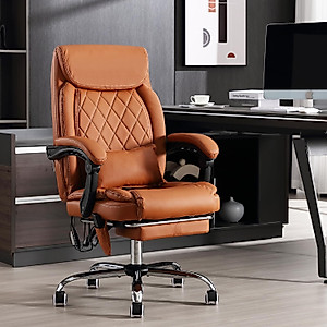 BOWTHY Executive Massage Office Chair with Heated,45°Reclining Ergonomic Chairs with Footrest,High Back Computer Desk Chairs with Wheels,Diamond-Stitched Cushion Brown Leather Office Chair