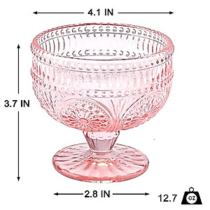 Vintage Glass Dessert Bowls Set of 6-11.5 oz Pink Embossed Glass Ice Cream Bowls for Salad, Candy Cake, Fruit,Trifle,Cocktail
