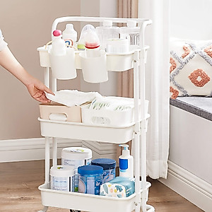 SONGMICS Rolling Cart, 3-Tier Storage Cart, Storage Trolley with Handle 2 Small Organizers, Steel Frame, Plastic Baskets, Utility Cart, Easy Assembly, for Bathroom Laundry Room, White UBSC067W01
