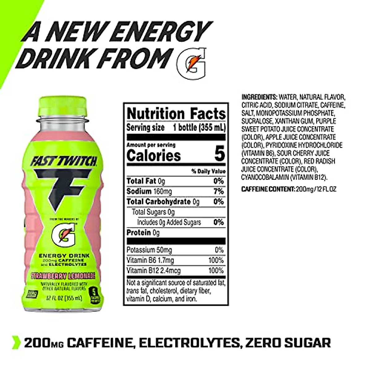 Fast Twitch Energy drink from Gatorade, Strawberry Lemonade, 12oz Bottles, (12 Pack), 200mg Caffeine, Zero Sugar, Electrolytes