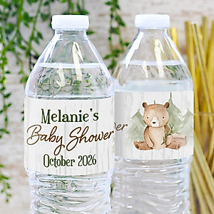 DISTINCTIVS Personalized Woodland Bear Baby Shower Water Bottle Labels - Customizable Waterproof Wrappers - 24 Stickers