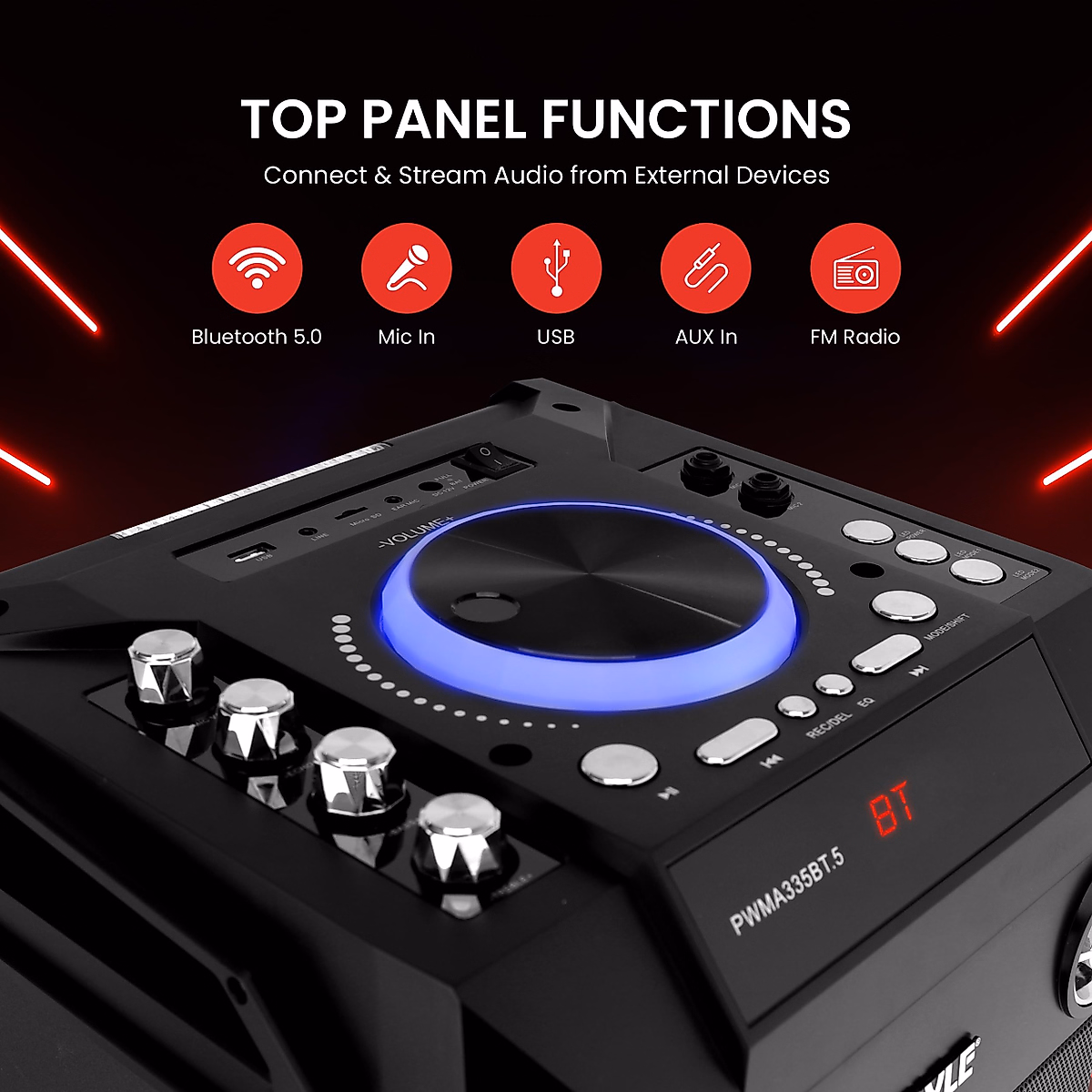 Pyle Outdoor Portable Wireless Bluetooth Karaoke PA Loud Speaker - 8'' Subwoofer Sound System with DJ Lights, Rechargeable Battery, FM Radio, USB/Micro SD Reader, Microphone, Remote, Black