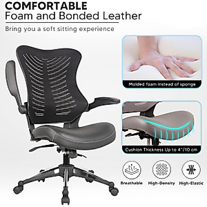 OFFICE FACTOR Executive Ergonomic Office Chair Back Mesh Bonded Leather Seat Flip-up Arms Molded Seat with a 55kg Foam Density Double Handle Mechanism You Can Lock The Back in Any Position (Black)