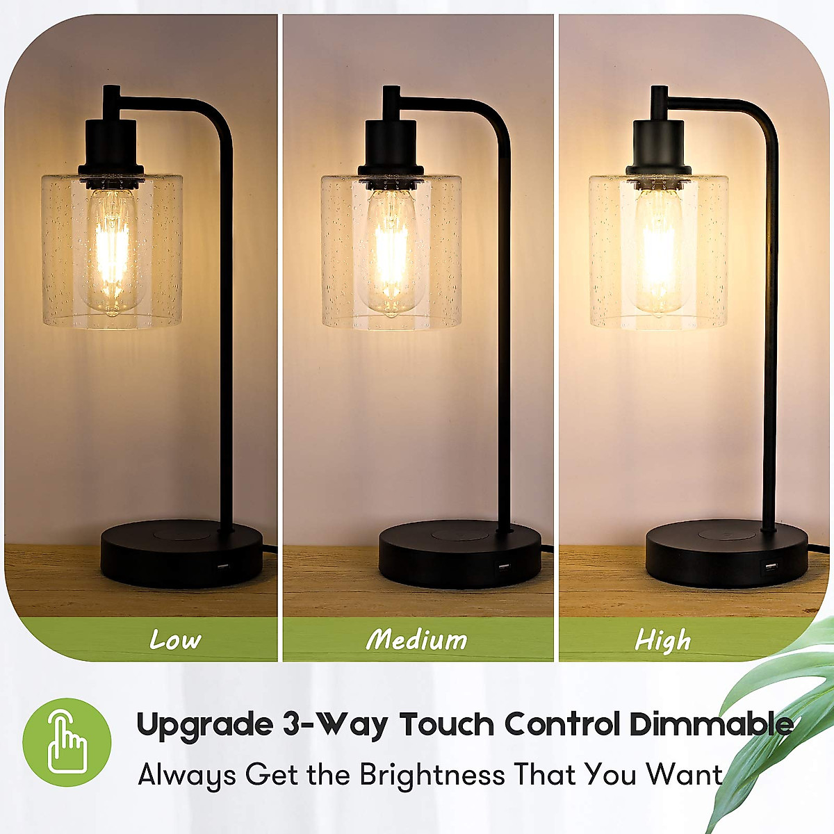 Set of 2 Wireless Charging Industrial Table Lamp 3-Way Touch Control Dimmable Desk Lamp with USB Port Bedside Lamp with Hanging Seeded Glass Shade for Office Bedroom Living Room, Bulb Included