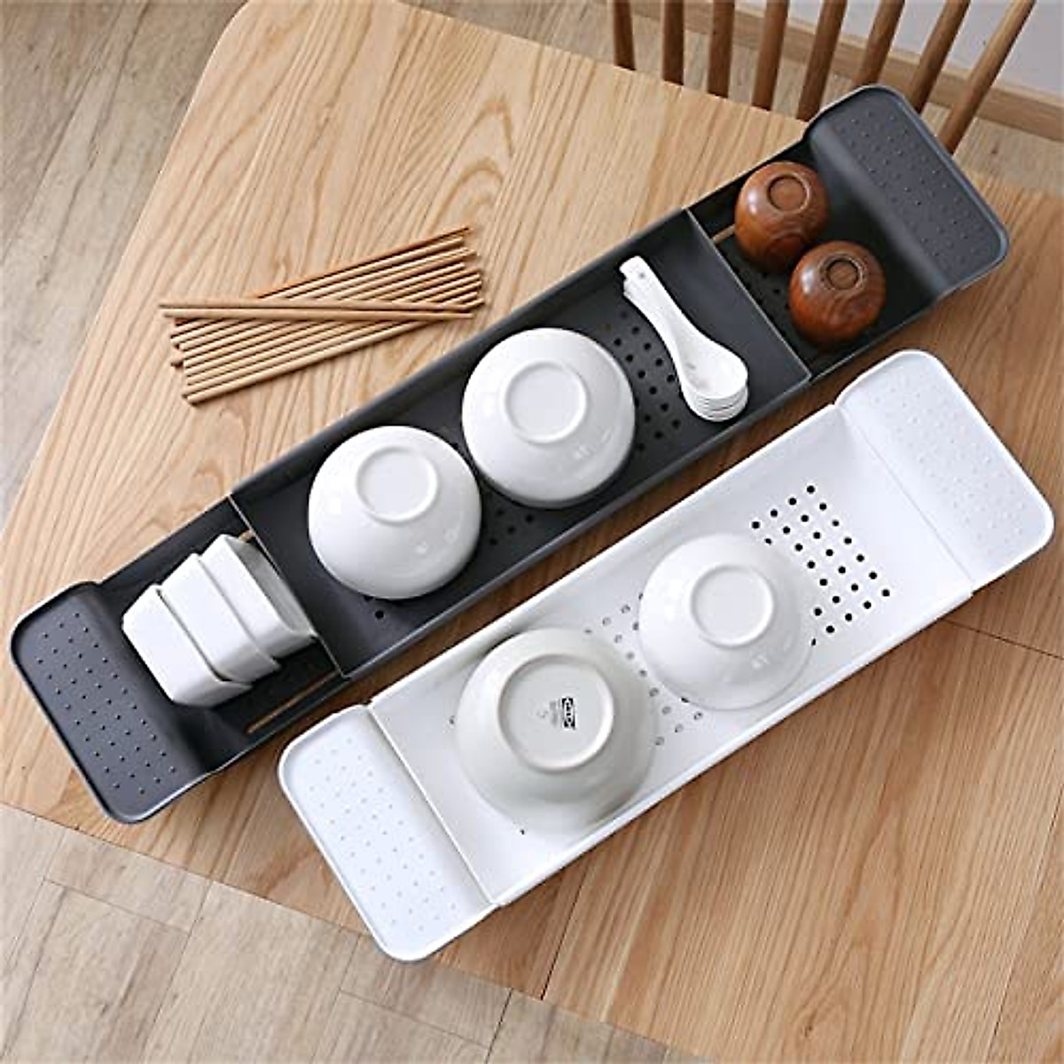 Expandable Bathtub Tray Drain Bath Caddy Tray Retractable Bath Caddy Tray Bathtub Storage Rack with Wine Glass Shelf Book Holder Candlestick Handle Dish Drain Rack