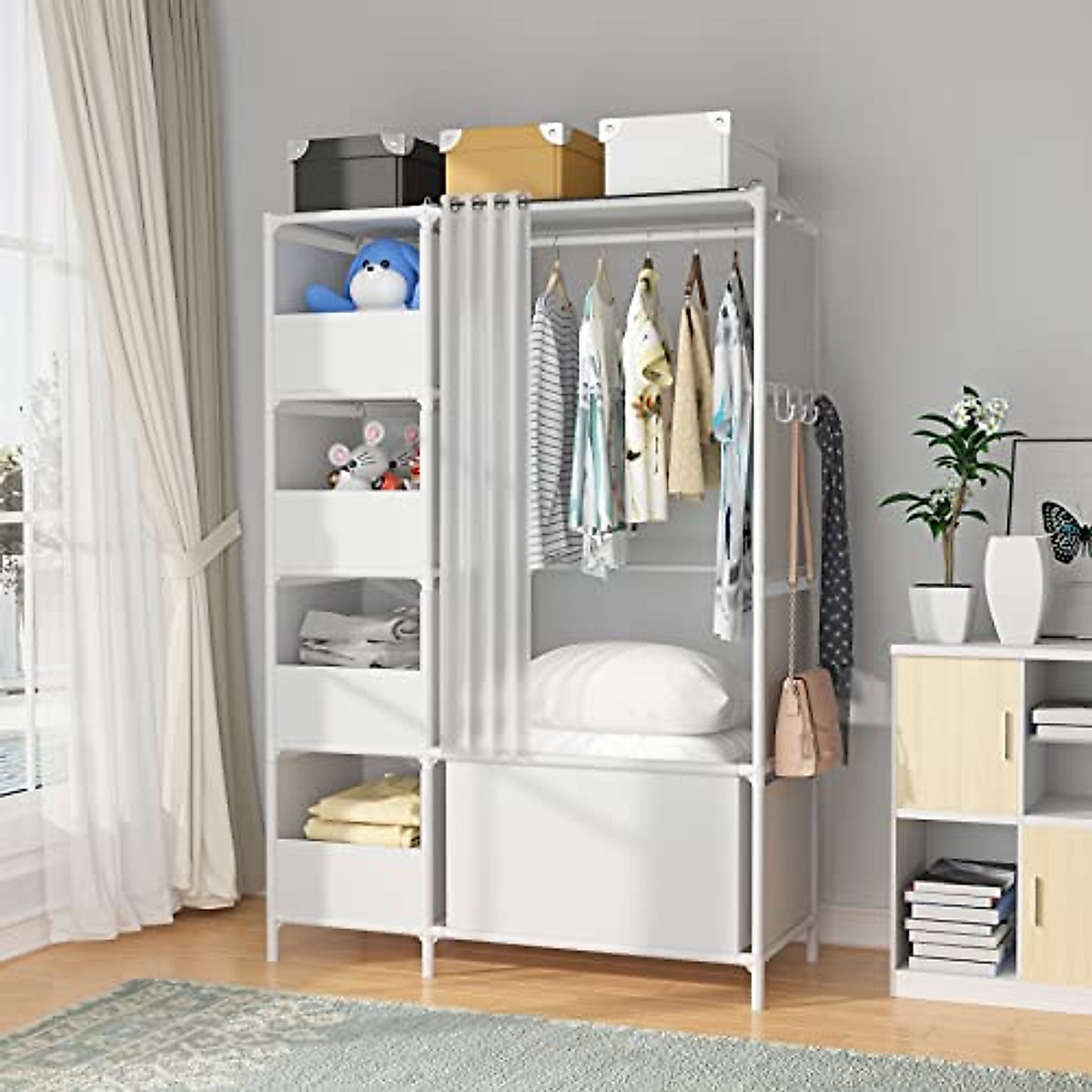 MOYIPIN Portable Wardrobe Storage Closet, Clothes Storage Cabinet with Curtain,40.55 x 16.73 x 65.35Inches, for Living Room, Bedroom, Clothes Room, White