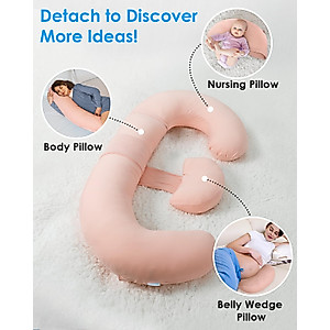 QUEEN ROSE Cooling E Shaped Pregnancy Pillows, Detachable Body Pillow for Sleeping, with Pregnancy Wedge Pillow for Belly Support, Cooling Rayon Cover,Pink