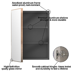 Gold Bathroom Medicine Cabinet with Mirror, Square Rectangle Single Door Recessed or Surface Wall Mounted Aluminum Bathroom Medicine Cabinet, Modern Vanity Mirror 16" W x 22" H