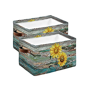 2 PCS Large Storage Basket Bins Waterproof Fabric, Turquoise Teal Sunflower Rectangular Storage Box for Shelf Closet Organizer Vintage Wood Grain Newspaper