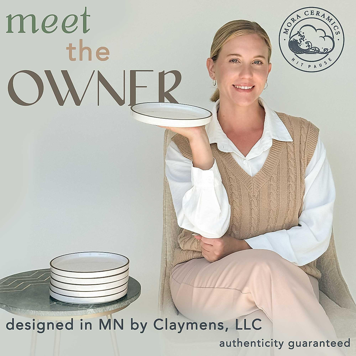 Mora Ceramic Flat Plates Set of 6-8 in - The Dessert, Salad, Appetizer, Small Lunch, etc Plate. Microwave, Oven, and Dishwasher Safe, Scratch Resistant. Kitchen Porcelain Dish - Vanilla White