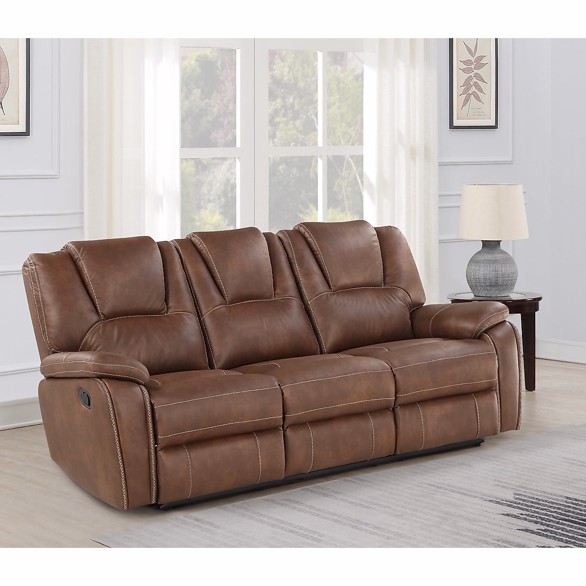 Steve Silver Katrine Reclining, Chestnut Brown Faux-Leather, Padded Armrests, Raised Headrest, Sinuous Spring Construction Sofas, 83.5 x 36 x 39