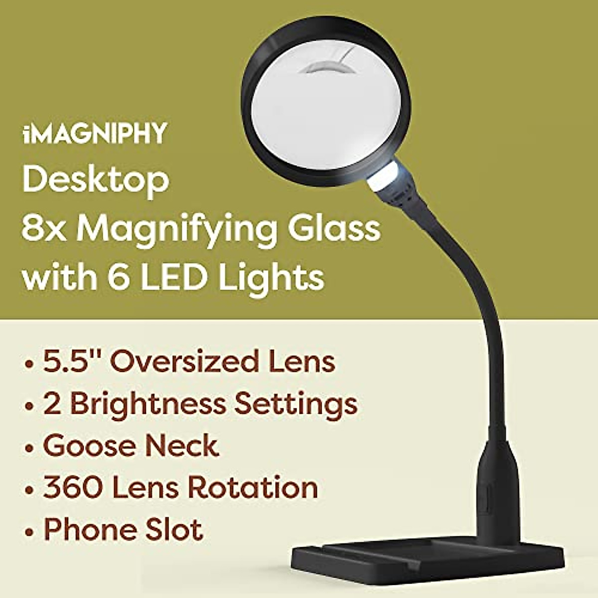 iMagniphy 8X Desk Magnifying Light - White or Black - Magnifying Lamp for Reading, Crafts - Desk Magnifying Glass with Light and Stand, 6 LEDs, Base