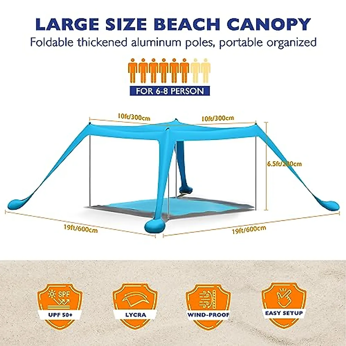 COPFERY Beach Tent Sun Shelter for Family 10x10 FT UPF50+ Windproof Beach Canopy with Mat, Sand Shovel, Ground Pegs and Stability 4 Aluminum Poles, Portable Sun Shelter for Beach, Backyard or Picnics