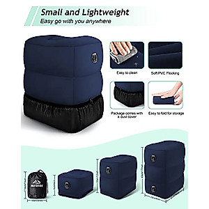 JefDiee Inflatable Travel Foot Rest Pillow, Kids Airplane Bed, Adjustable 3 Layers Height Leg Rest Pillow, Adults Travel Essentials Great for Airplane, Office, Home, Trains, Cars (Blue)