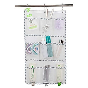 ALYER 9 Pockets Big Mesh Shower Caddy Hanging Bathroom Storage Organizer with 3 Rings (Stripe)