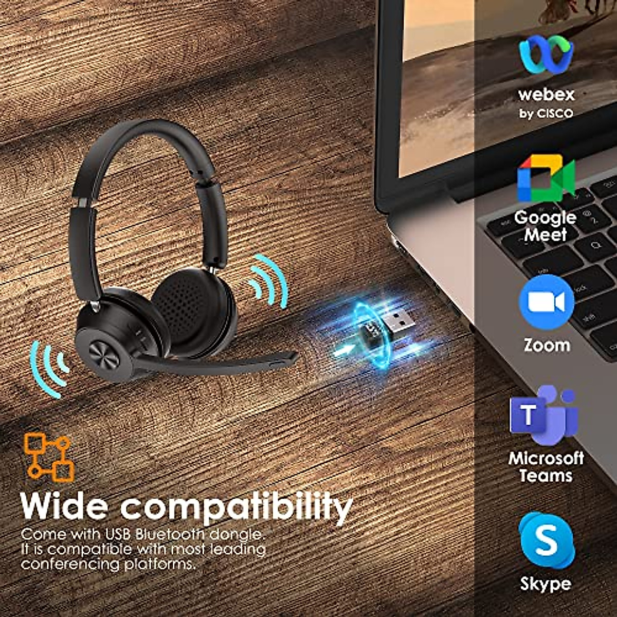 Bluetooth Headset V5.1, Wireless Headset with Noise Canceling Microphone, 40 Hrs Work Time Office Headset with Bluetooth Dongle & Charging Base, AptX HD On-Ear Headphones with Mute Button