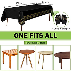 Amatra 4 Pack 108" X 54" Black and Gold Premium Disposable Plastic Tablecloth for 8ft Long Rectangle Tables, Waterproof Covers for Party, Picnic, Banquet & Kid’s Activities