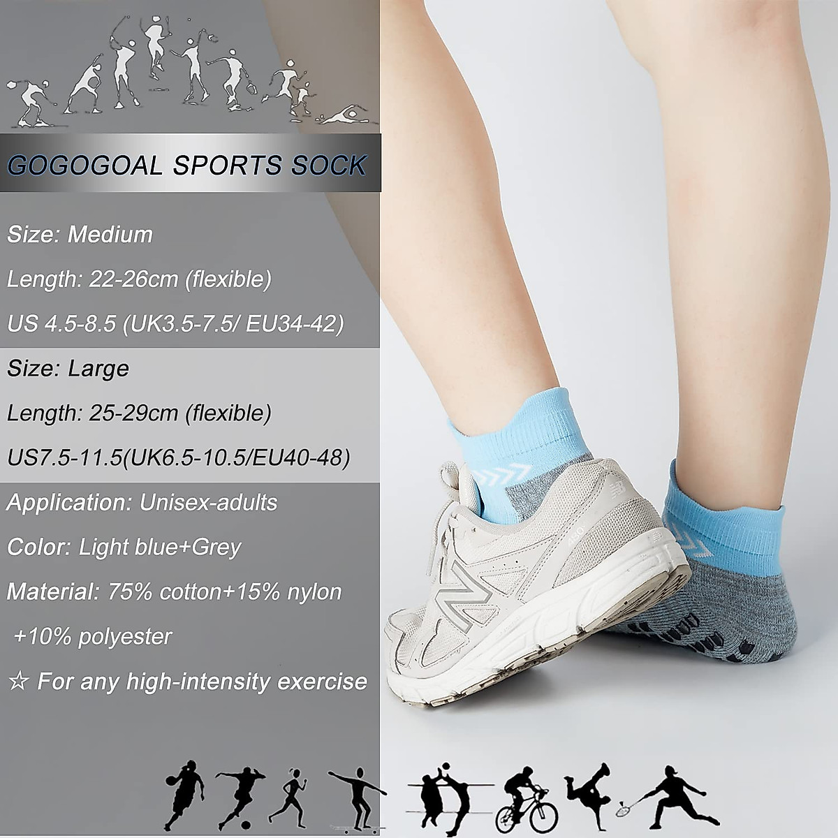 GOGOGOAL Anti-slip Ankle Sock Men Women Elder Hospital Non-slip Slipper Sock Tape Athletic Trainning Sock for Yoga Soccer Gym cycling Light Blue L 4P