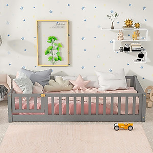 Twin Floor Bed for Kids, Montessori Bed Frame with Fence-Shaped Guardrails, Support Slats and Door, Wood Floor Twin Bed for Kids,Toddler,Boys Girls, No Box Spring Needed(Gray, Twin Bed Frame)