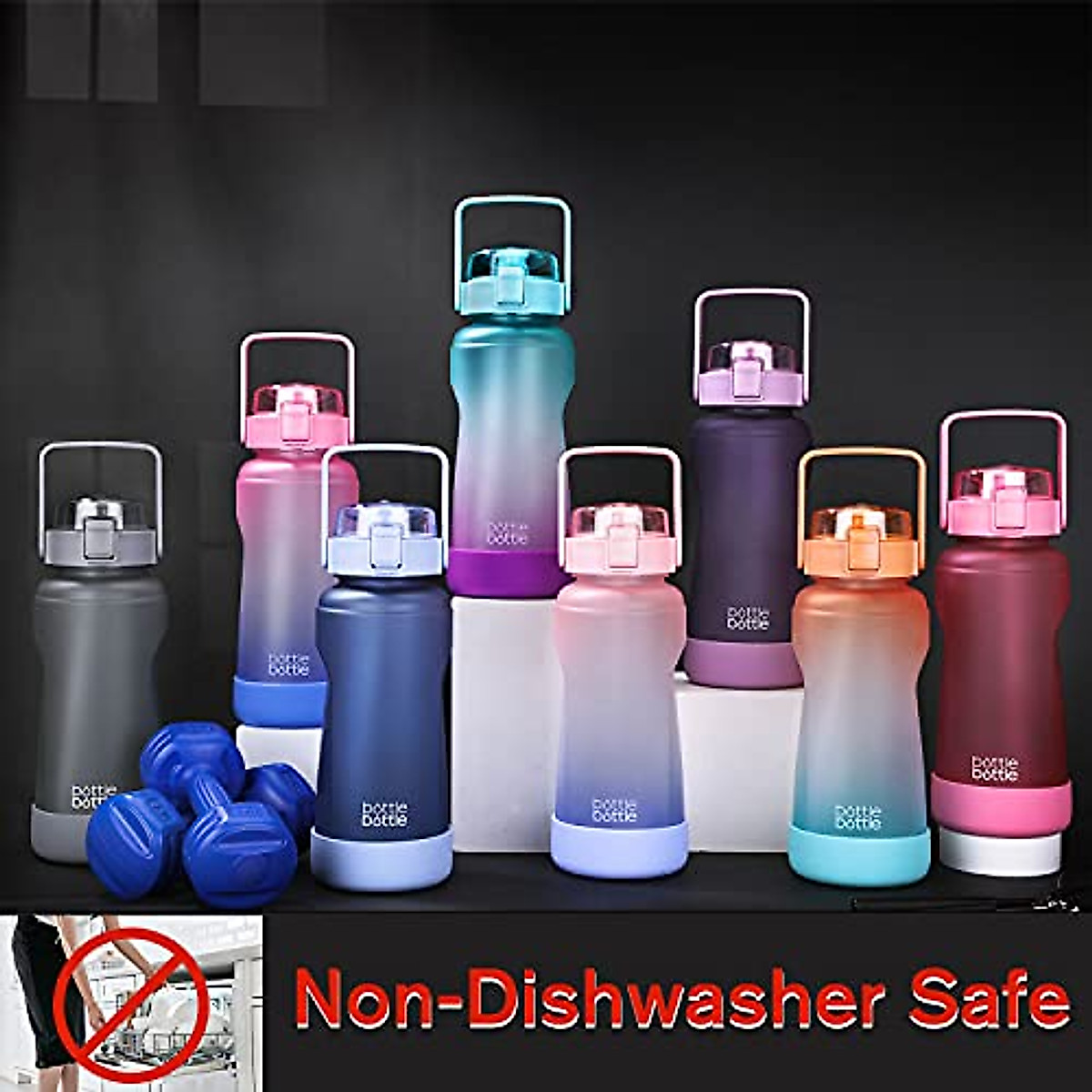 BOTTLE BOTTLE 64 OZ Gallon Motivational Water Bottle with Time Marker and Straw Protective Silicone Boot Workout Leak-proof Bottle for Adults and Kids Half Gallon Water Jug (blue)