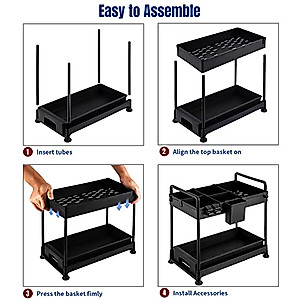 UBeesize 2 Pack Bathroom Organizer Basket Drawers, Slide Out Under Sink Cabinet Organizers and Storage for Bathroom Countertop Bathroom Sink Organizer with Hooks and Cups,Pull Out Under Sink Shelf