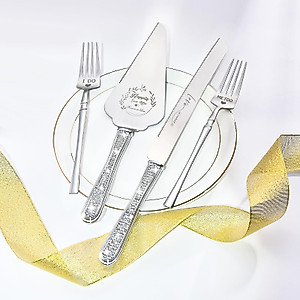 ROXBURGH Cake Cutting Set for Wedding, Wedding Cake Knife and Server set, Forks and Cutter Pie Spatula Rhinestones Studded Handle Birthday Anniversary Christmas of 4 (Silver)