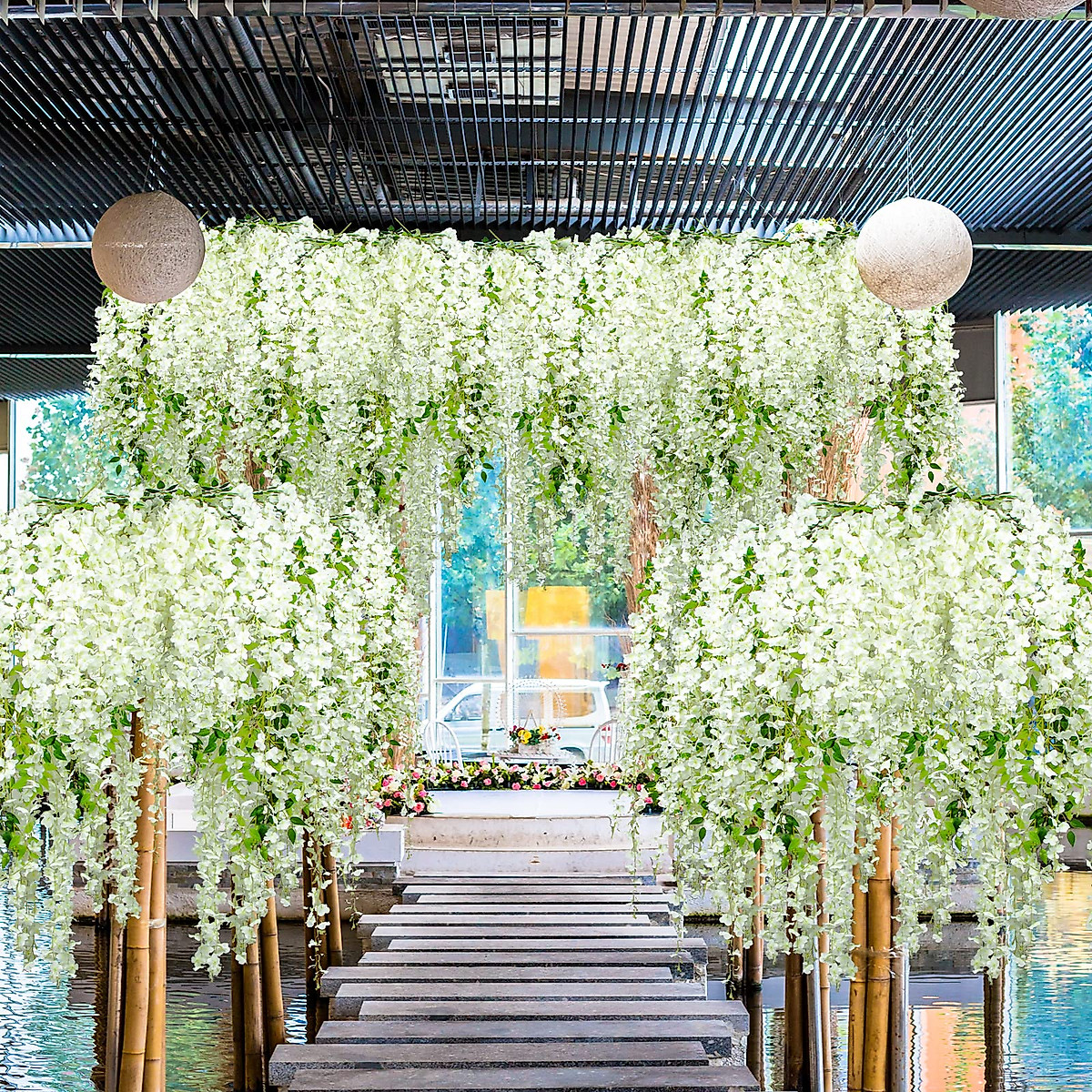 Kmorenew White Wisteria Hanging Flowers - 12 Pack 3.6 Feet/Piece Artificial Fake Wisteria Vine Rattan Hanging Garland Silk Flowers String for Home Party Wedding Garden Outdoor Décor
