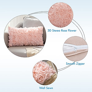 MIULEE 3D Decorative Spring Romantic Stereo Chiffon Rose Flower Pillow Cover Solid Square Pillowcase for Sofa Bedroom Car 12x20 Inch 30x50cm Peach Pink Wedding Valentines Day