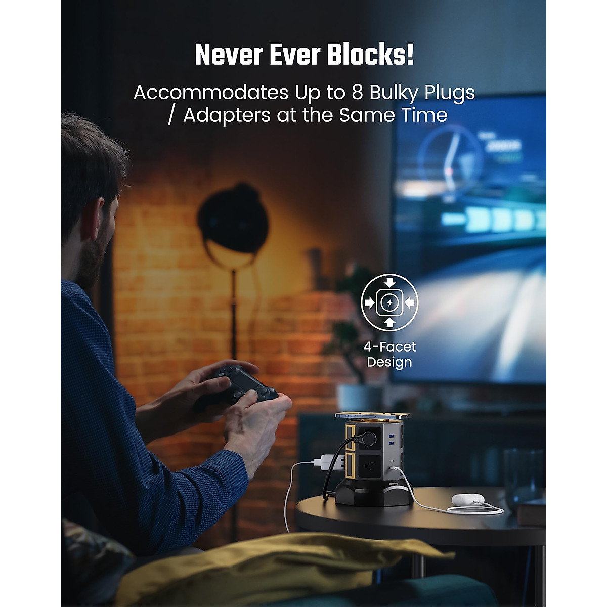 SUPERDANNY Power Strip Tower with 15W Wireless Charger, 6.5Ft Retractable Extension Cord, 1050J Surge Protector, Desktop Charging Station with 8 Outlets 4 USB Ports(2 USB C) for Home, Office, Garage