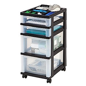 IRIS 4-Drawer Rolling Storage Cart with Organizer Top, Black