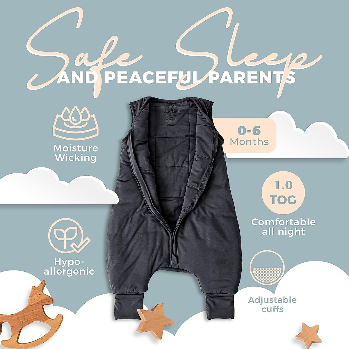 Nyte Nyte Baby - 1.-TOG Gray, 6 to 12 Months, Sleeveless Sleep Sack, Soft Baby & Toddler Sleeping Sack, Breathable Sleep Sack with Adjustable Feet Cuffs & Anti-Slip Grip