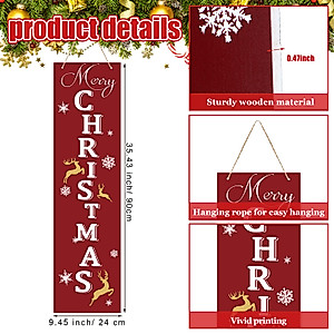 Soaoo Christmas Porch Sign Merry Christmas Vertical Porch Sign Red Christmas Wooden Welcome Sign for Front Door Porch Standing Farmhouse Rustic Door Porch for Xmas Porch Yard Outdoor Indoor, 35.43" H