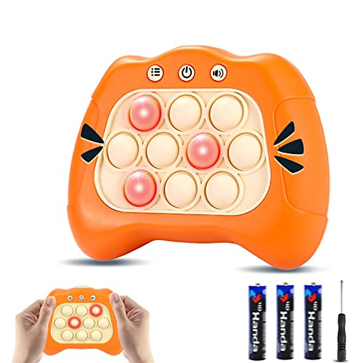 Push Pop Puzzle Game Machine, Light-Up Poppet Educational Console, Handheld Squeeze Bubble Decompression Autism Stress Relief Sensory Fidget Toys for Boys Girls Teens Kids Adults 4 Modes, Orange