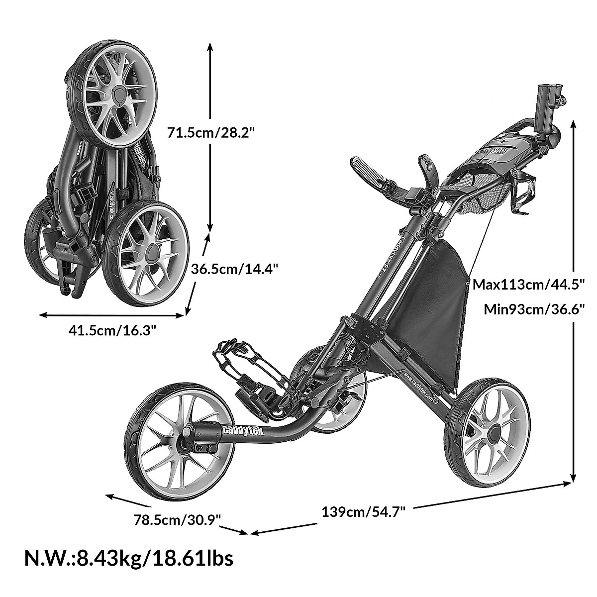 CaddyTek CaddyLite EZ Version 8 3 Wheel Golf Push Cart - Foldable Collapsible Lightweight Pushcart with Foot Brake - Easy to Open & Close, dark grey, one size