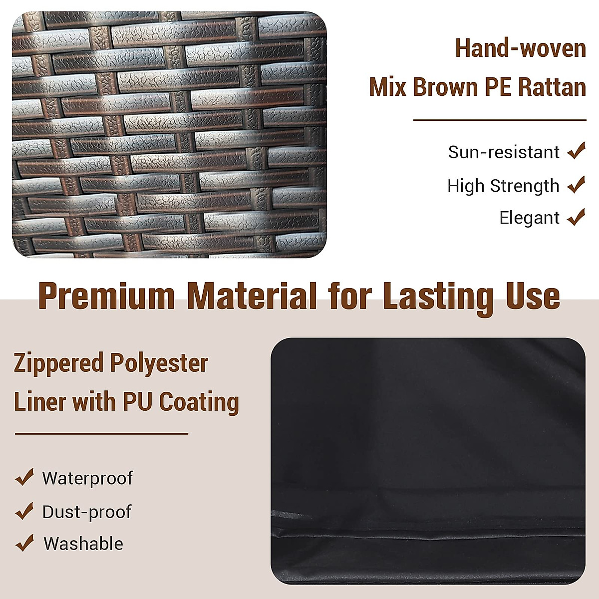 HAPPYGRILL Patio Storage Bench Rattan Wicker Deck Box with Acacia Wood Seat, Gas Strut, Zipper Liner, Handles, Outdoor Storage Container for Patio Furniture Cushions Pillows