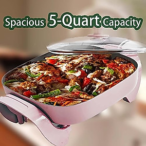 5QT Electric Skillet Nonstick with Glass Lid - 12" Ceramic Electric Fry Pan, Adjustable Temperature Control, Dishwasher Safe(Pink)