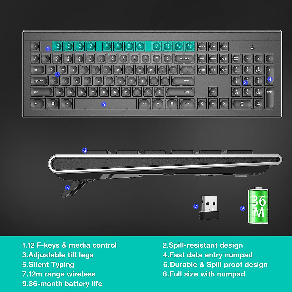 Wireless Keyboard and Mouse Combo, 2.4G Full-Sized Ergonomic Keyboard Mouse Wireless,3 DPI Adjustable Cordless USB Keyboard and Mouse,Full Numpad,Quiet Click for Computer/Laptop/Windows/Mac