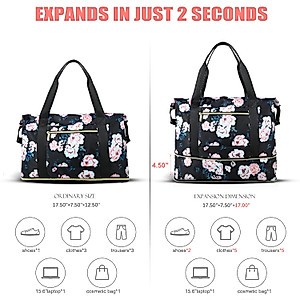 Travel Duffle Bag, Sports Tote Gym Bag, Weekender Bag, Expandable Waterproof Carry on Bag with Trolley Sleeve Wet Pocket Overnight Bags for Women - Black