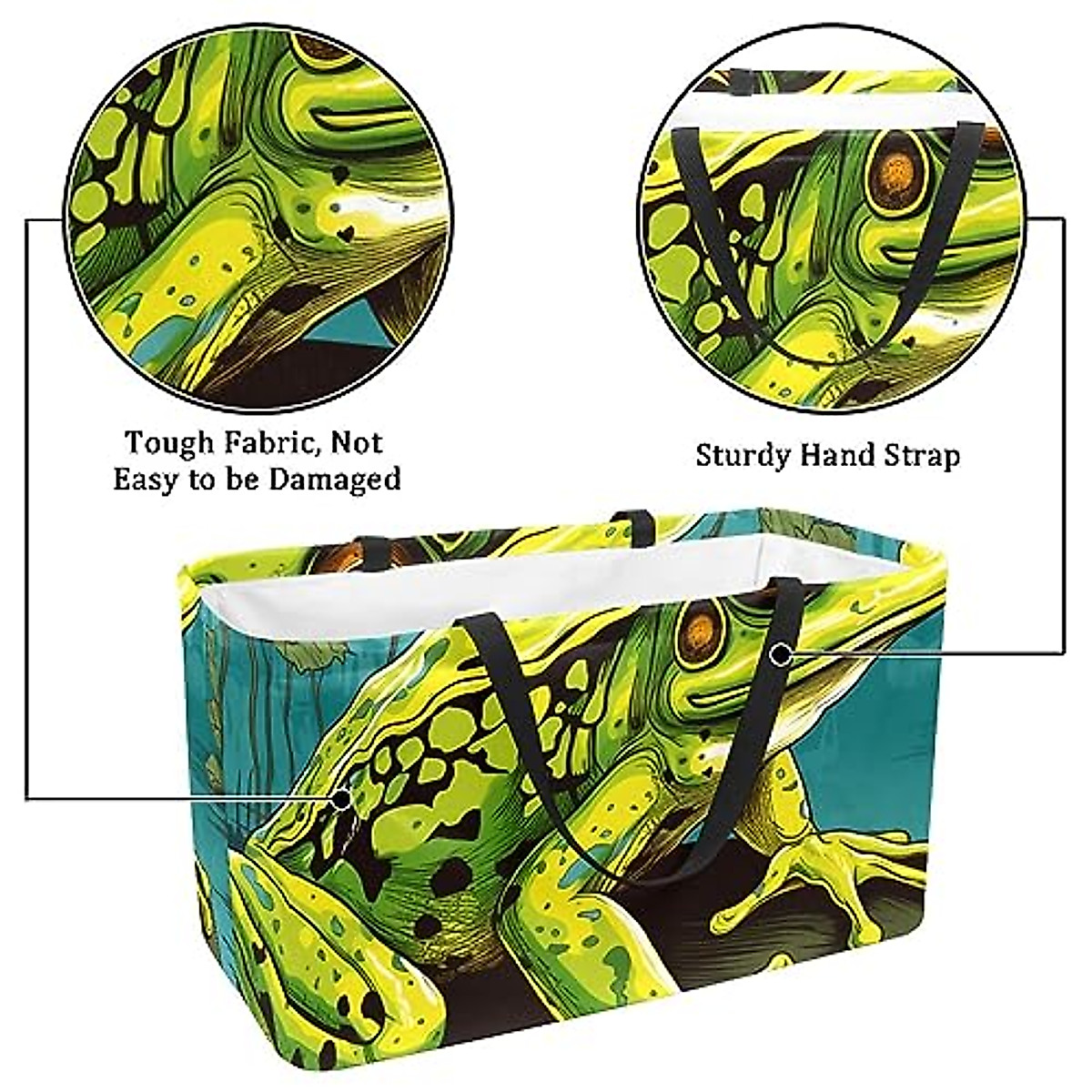 Reusable Grocery Bags Boxes Storage Basket, Red Eye Frog Pattern Collapsible Utility Tote Bags with Long Handle