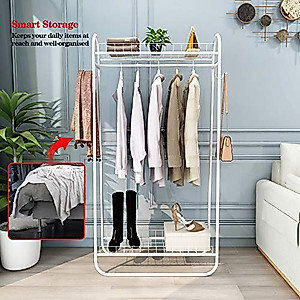 Kefair Metal Garment Rack Free-Standing Closet Organzier Heavy Duty Clothes Rack with Hooks and Storage Shelvels, White